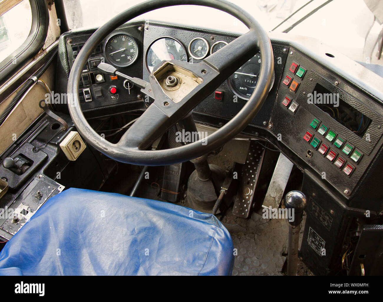 cabin control old vintage bus close up Stock Photo - Alamy