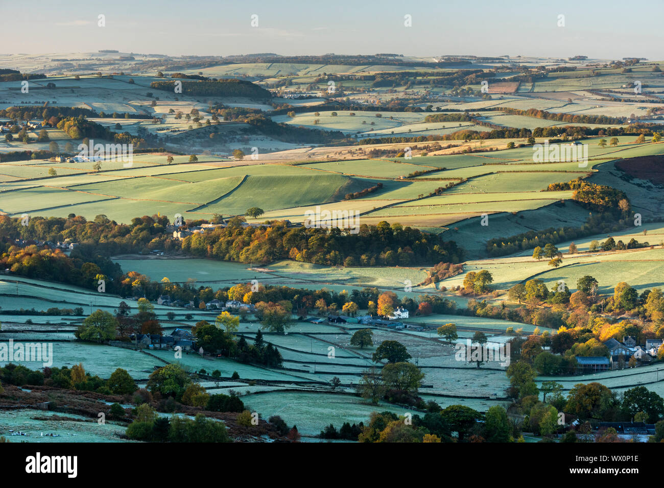 View from Curbar Edge at sunrise in autumn, looking south towards ...