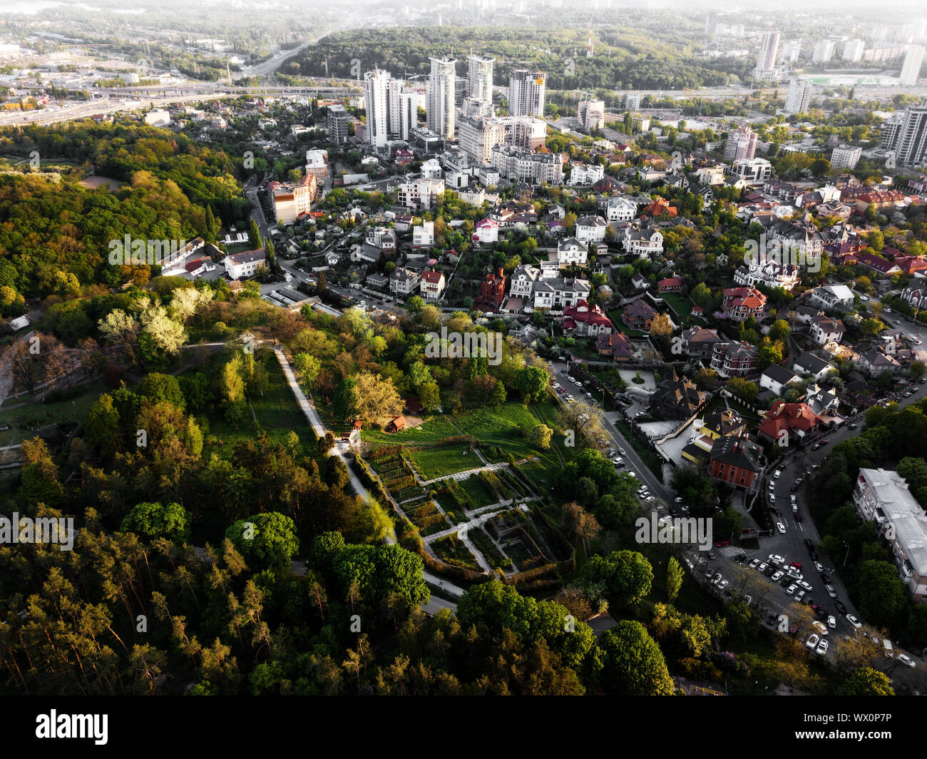 Aerial view of the botanical garden and the city of Kiev, Ukraine ...
