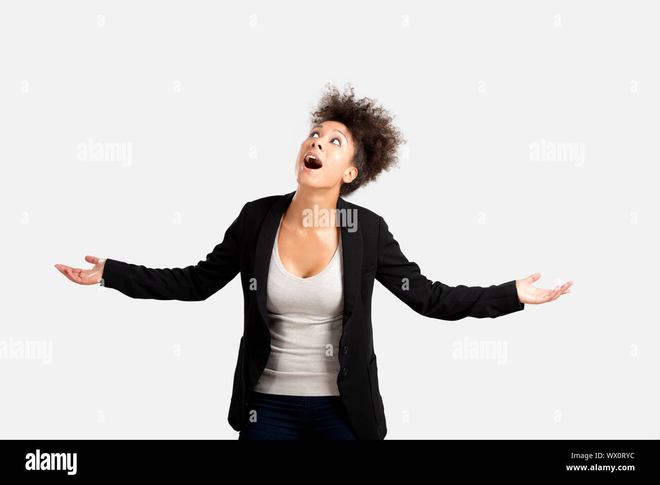 Business woman trying to catch something falling from the sky, isolated ...