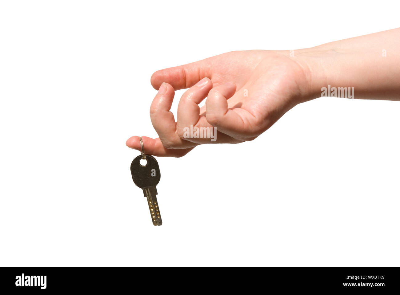 Hand with key on a white background Stock Photo - Alamy