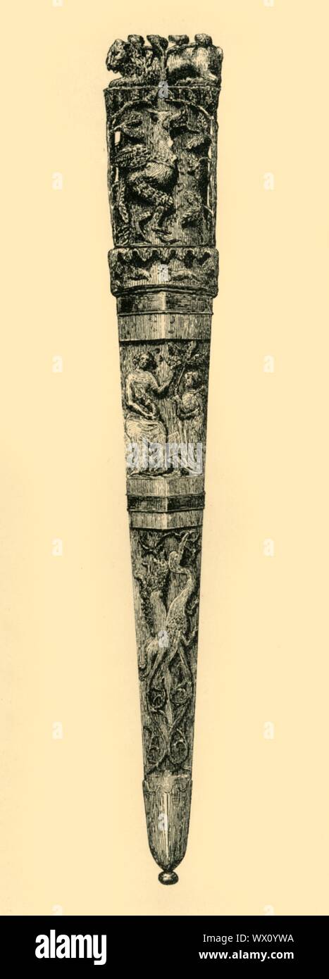 Dagger and sheath, c1360-1400, (1881). Etching of a carved ivory dagger ...
