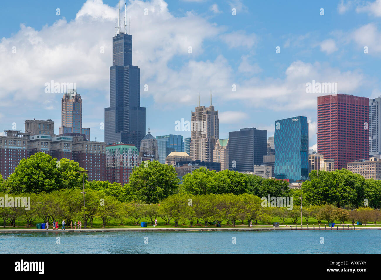 View of Chicago skyline and Willis Tower from Lake Michigan taxi boat ...