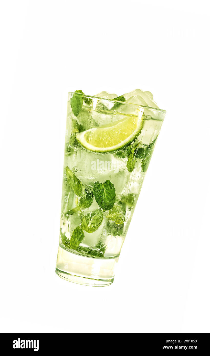 alcohol, mojito, glass with a tilt, isolated, white background. close ...