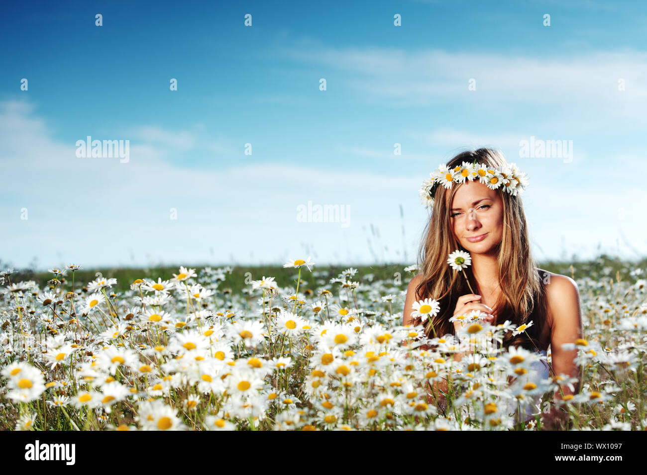 beautiful girl on the daisy flowers field Stock Photo - Alamy