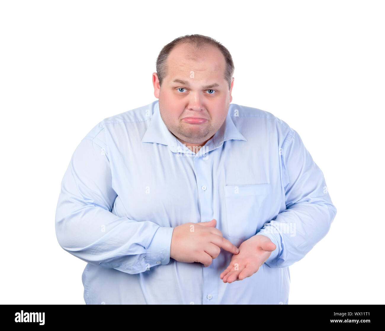 Unhappy Fat Man in a Blue Shirt, isolated Stock Photo - Alamy