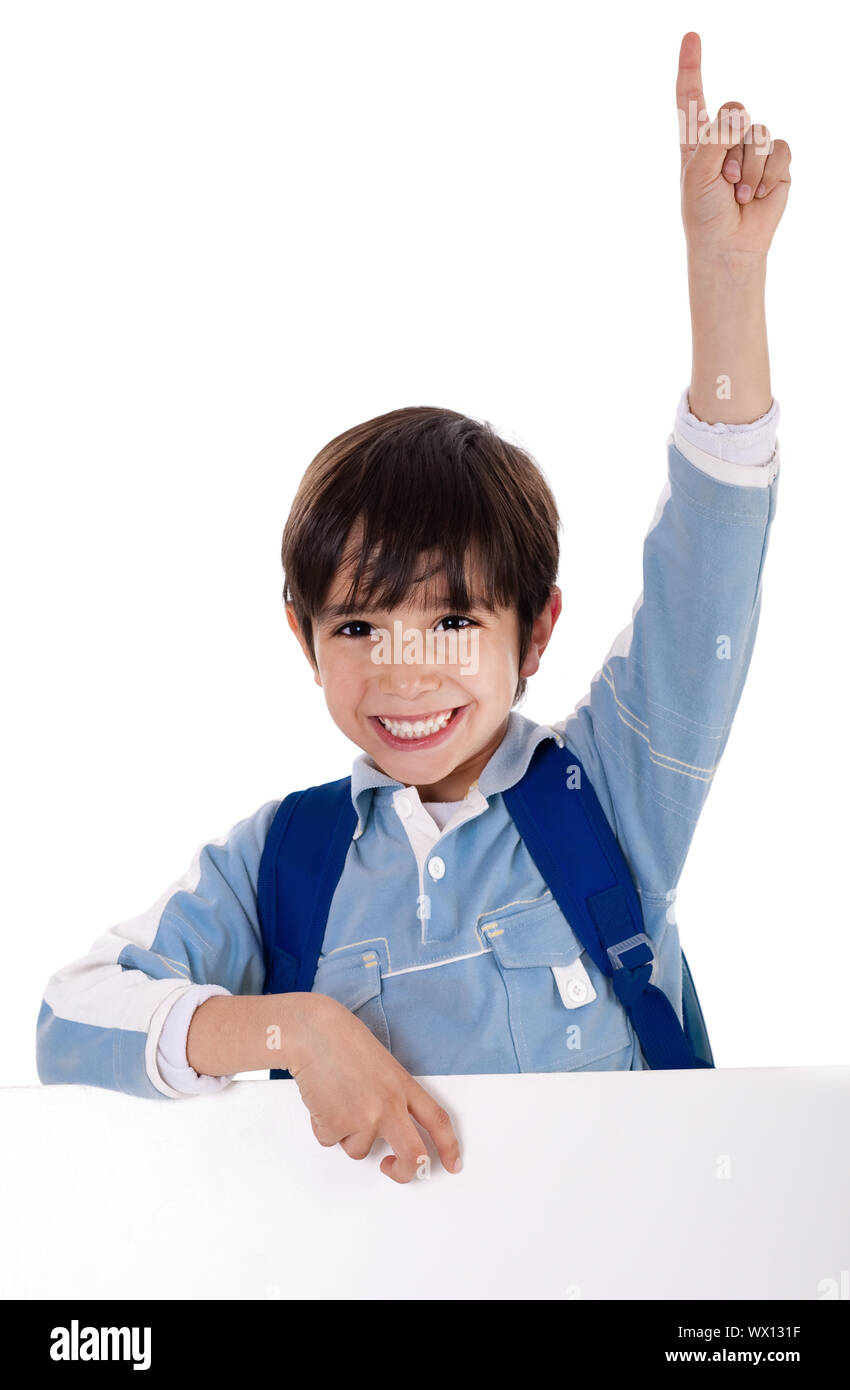 Elementary school kid raising his hand on isolated white background ...