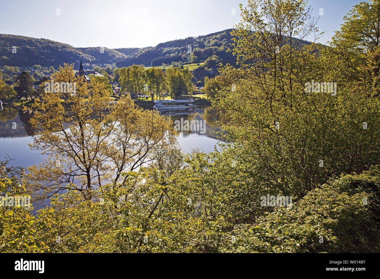 Rur reservoir with the view of the village Einruhr, Simmerath, Eifel ...