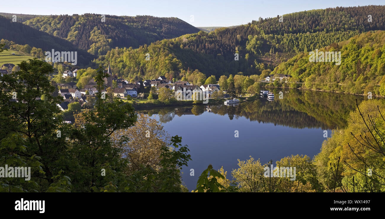 Rur reservoir with the view of the village Einruhr, Simmerath, Eifel ...