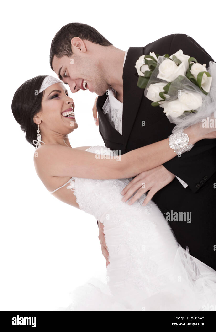 Colorful shot of a bride and groom on isolated white background Stock ...