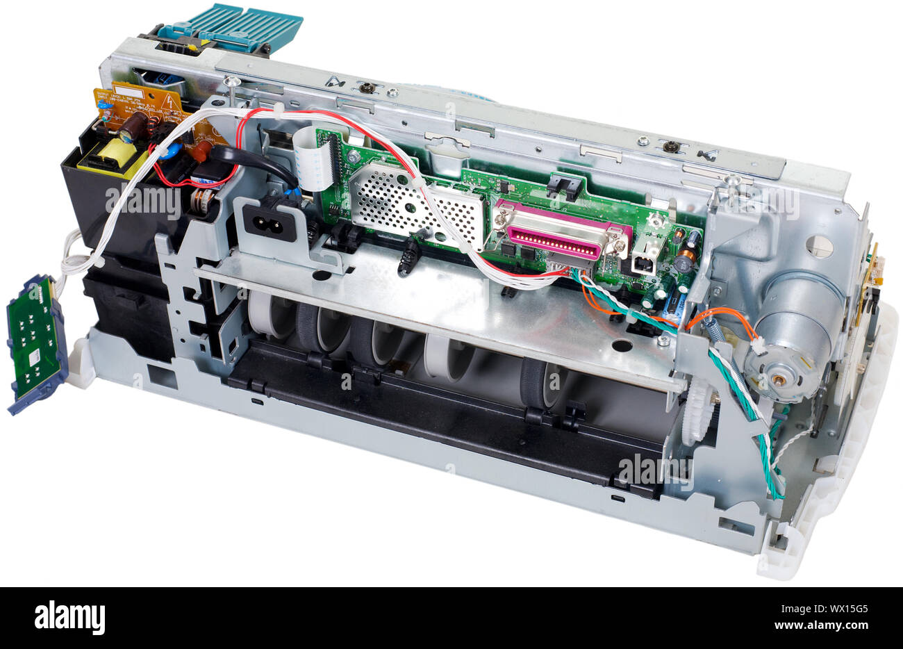 Broken old office printer on a white background Stock Photo - Alamy