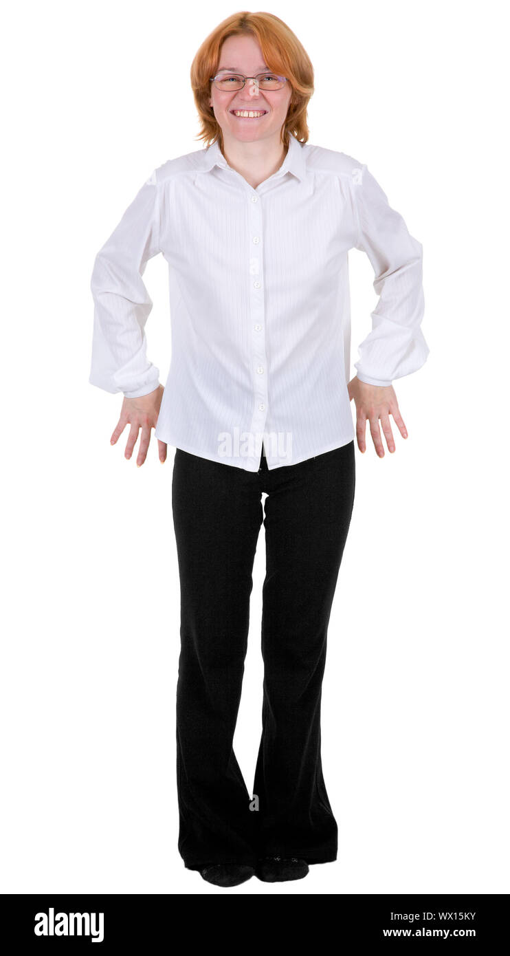 The confused woman standing on a white background Stock Photo - Alamy