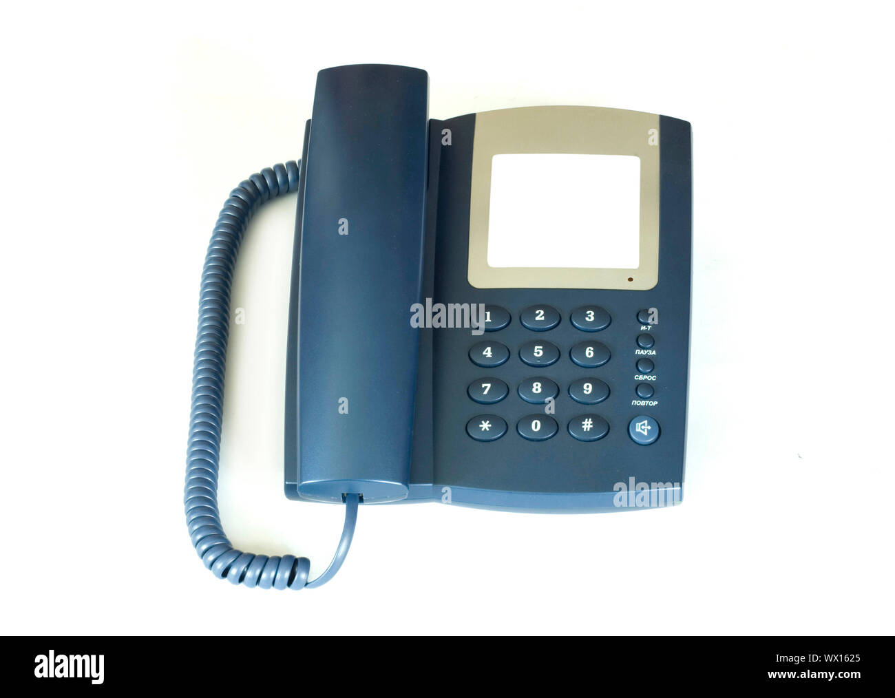 blue office telephone on a white background Stock Photo - Alamy