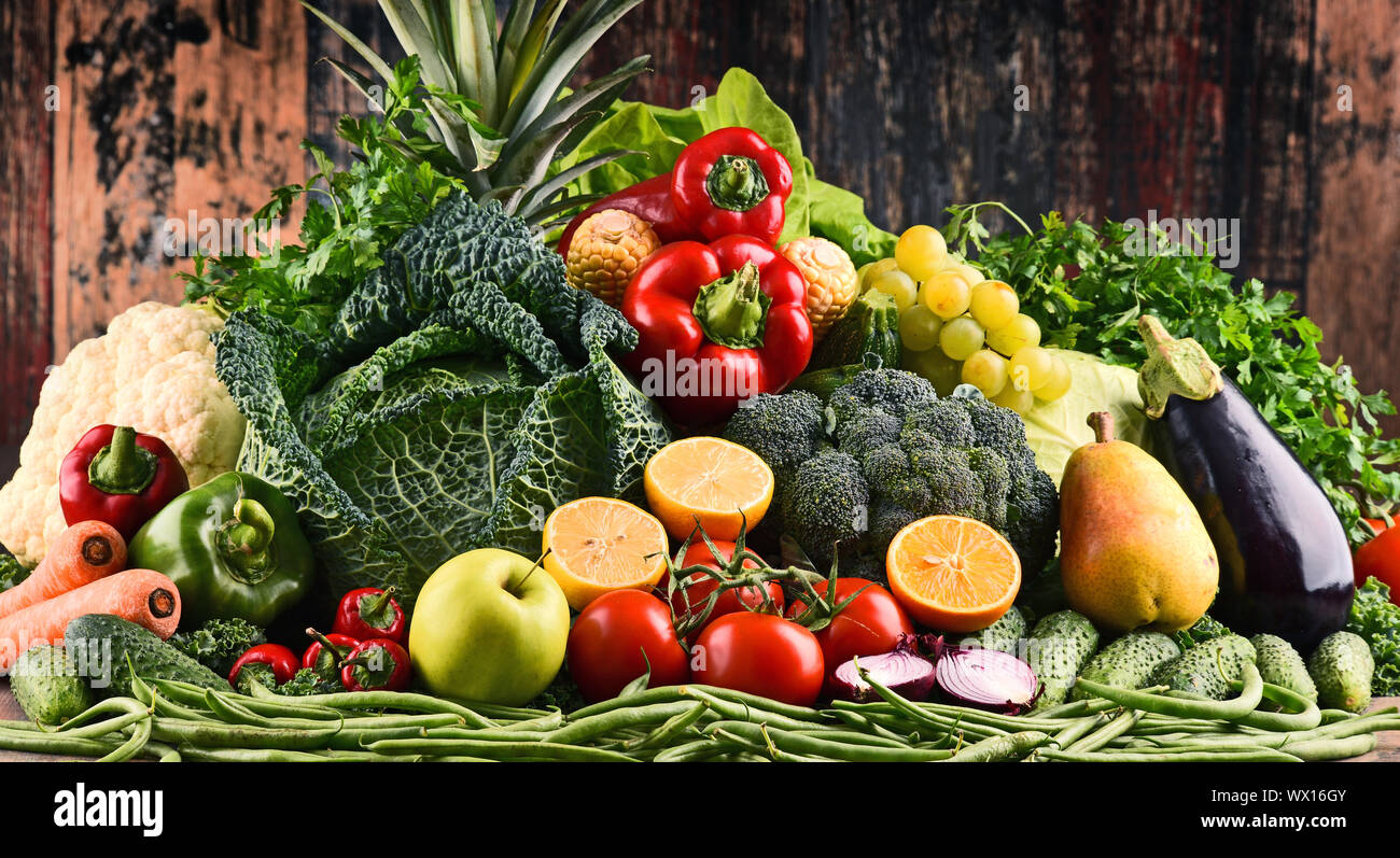 Composition with variety of raw organic vegetables and fruits. Balanced ...