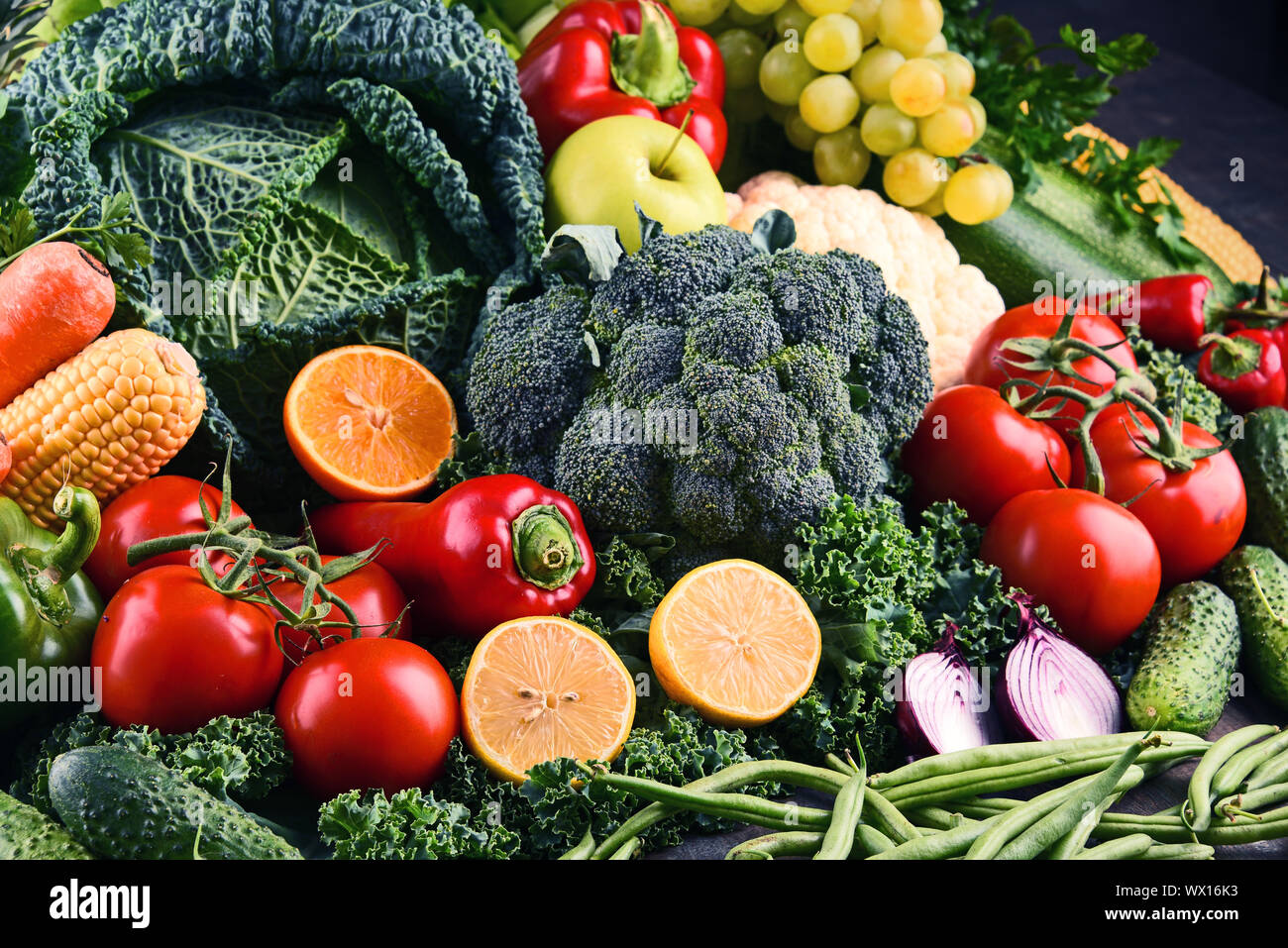 Composition with variety of raw organic vegetables and fruits. Balanced ...