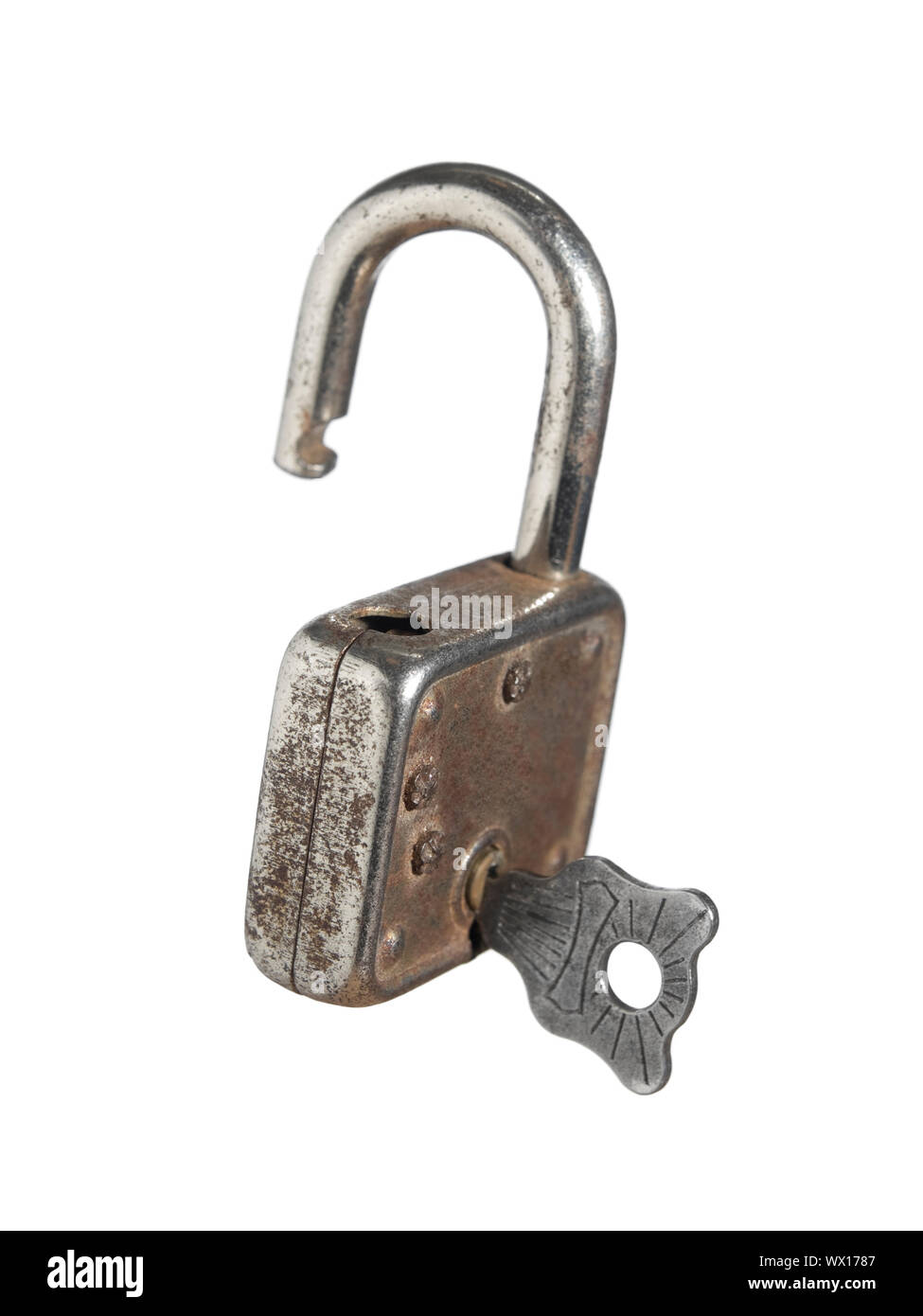 An open lock with a key isolated on white background Stock Photo - Alamy