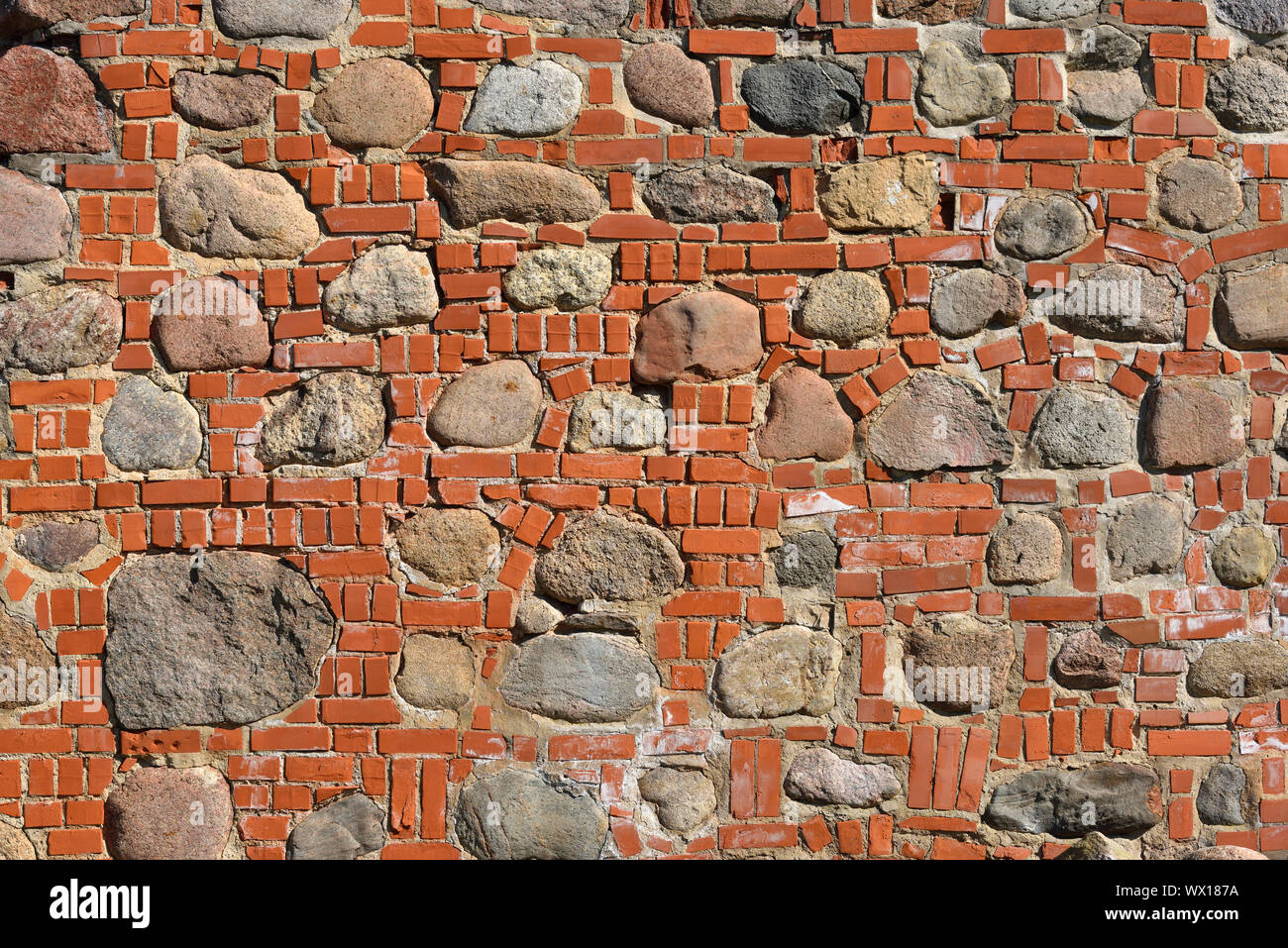 Closeup view of old wall of medieval castle made of red bricks and ...
