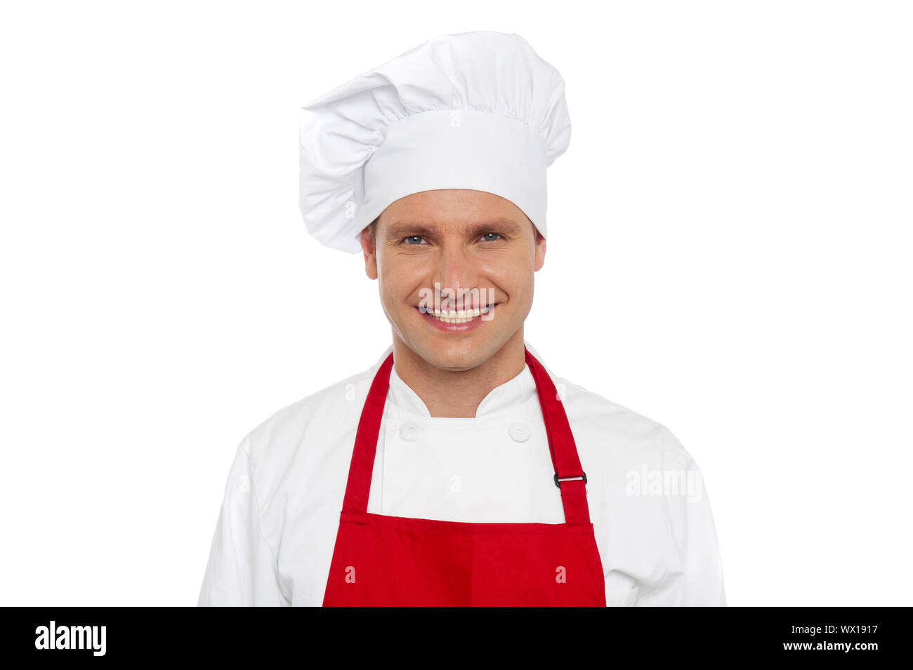 Half length portrait of smiling male chef isolated over white Stock ...