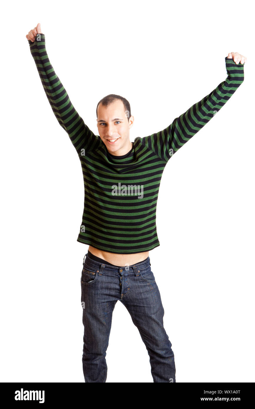 Portrait of a young man with arms up, isolated on white Stock Photo - Alamy