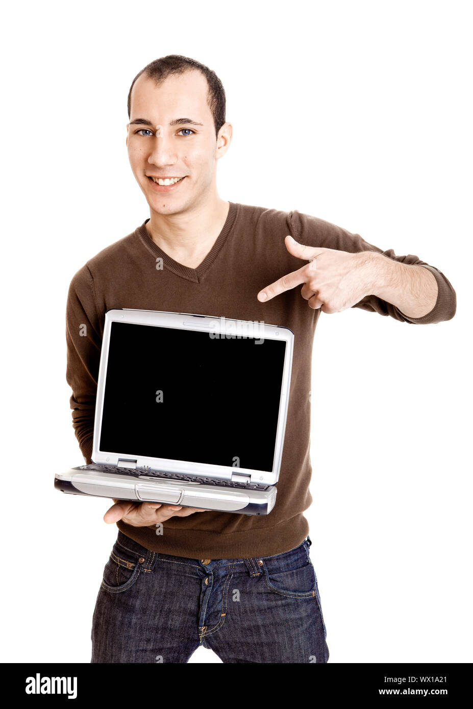 Young man showing a work presentation on the laptop, isolated on white ...