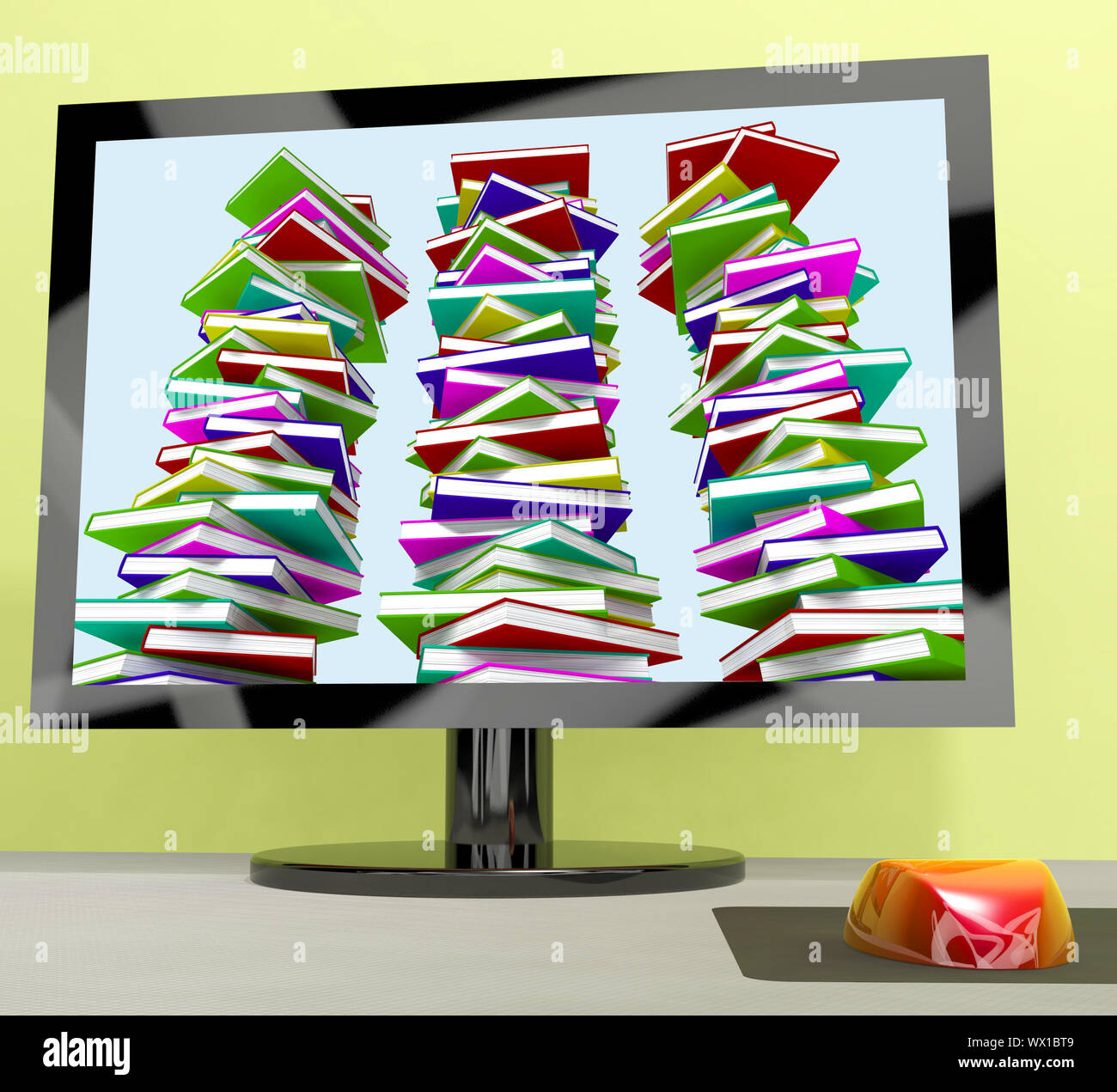 Three Stacks Of Books On Computer Showing Online Learning Stock Photo ...