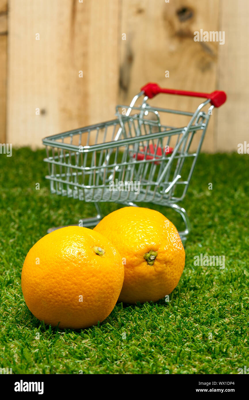 Orange fruit on lawn with shopping cart in front of wooden wall Stock ...