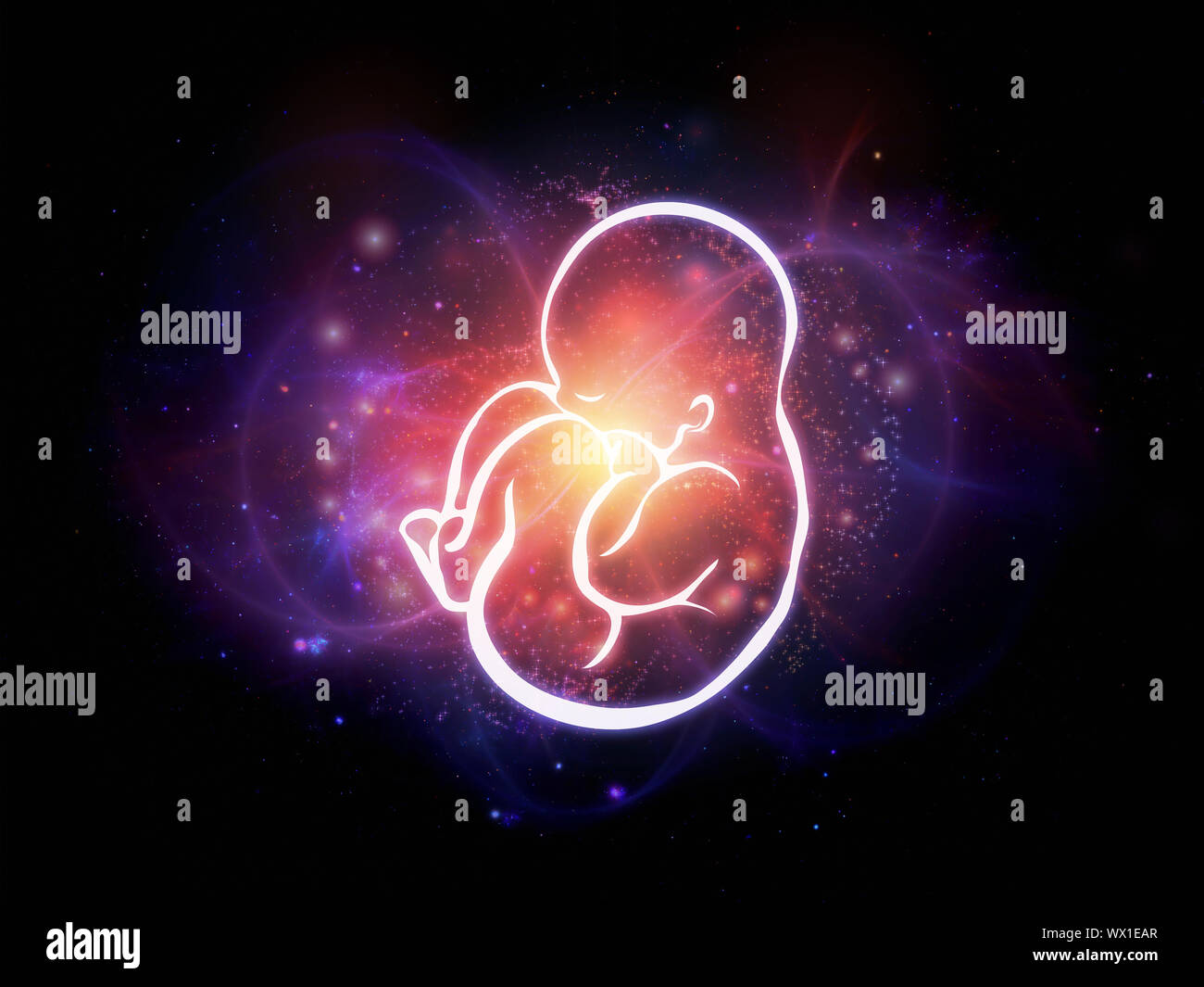 Composition of drawing of a fetus and abstract design elements on the ...