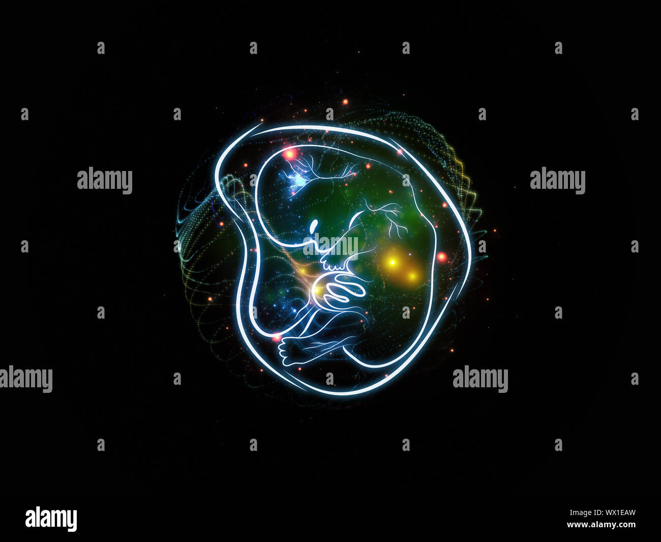 Interplay of drawing of a fetus and abstract design elements on the ...