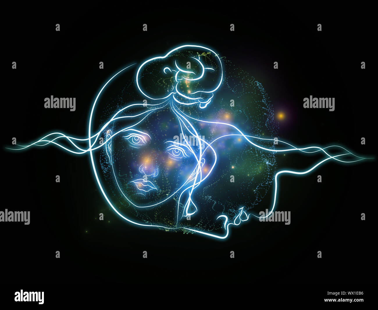 Creative arrangement of drawing of a fetus and abstract design elements ...