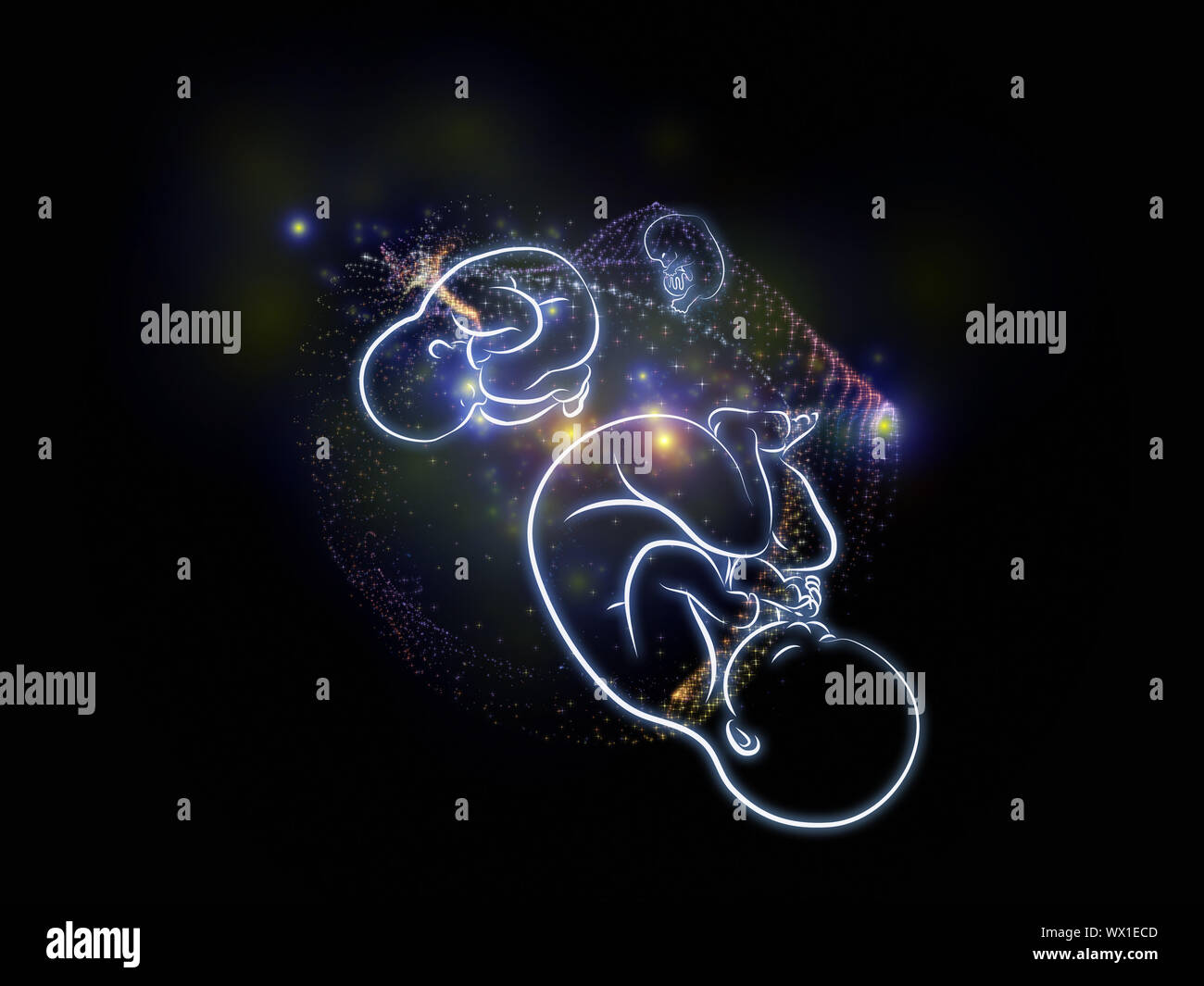 Backdrop composed of drawing of a fetus and abstract design elements ...
