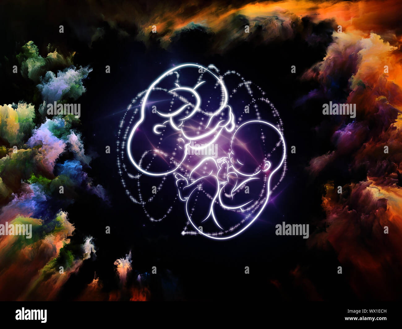 Abstract composition of drawing of a fetus and abstract design elements ...