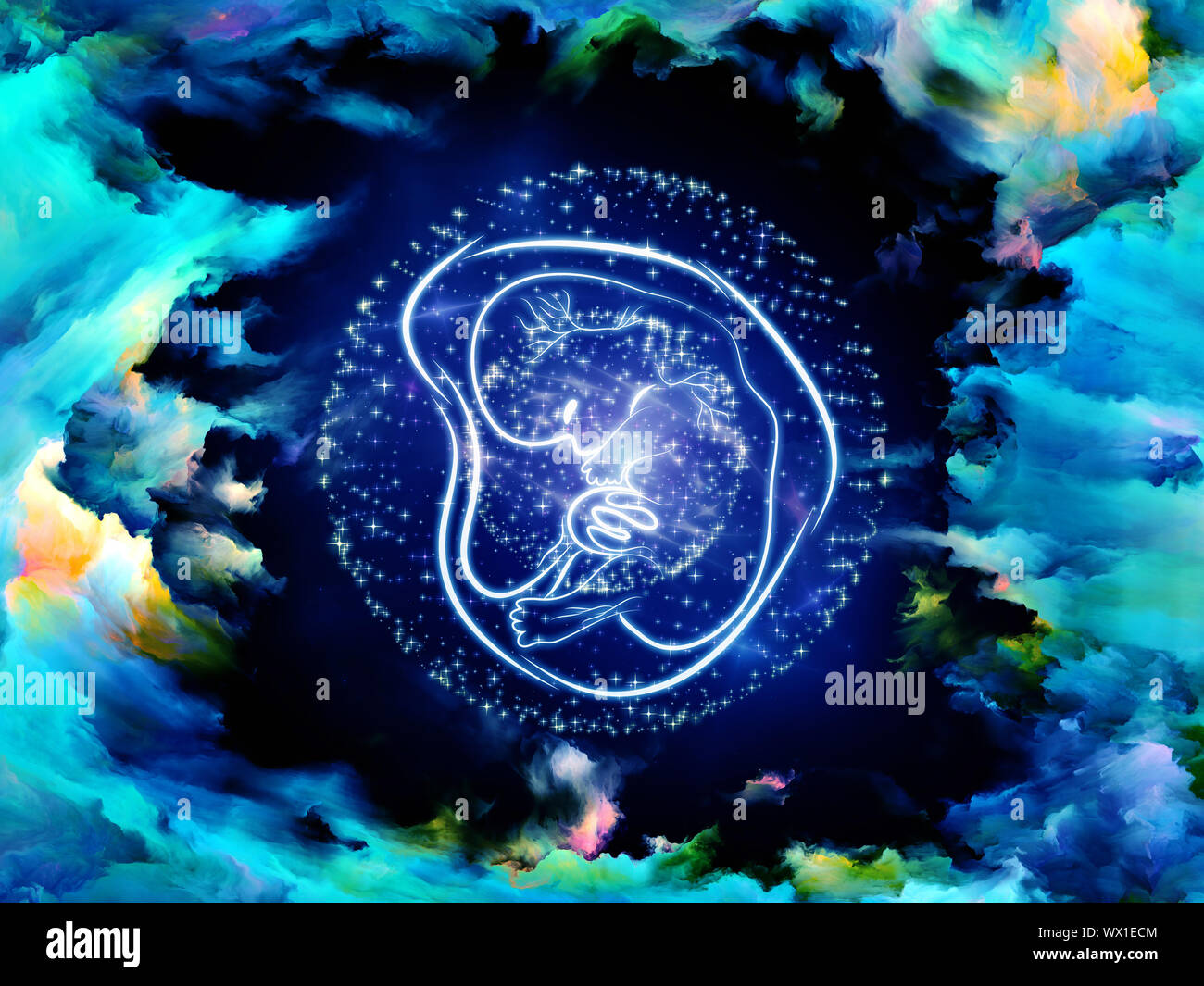 Graphic composition of drawing of a fetus and abstract design elements ...