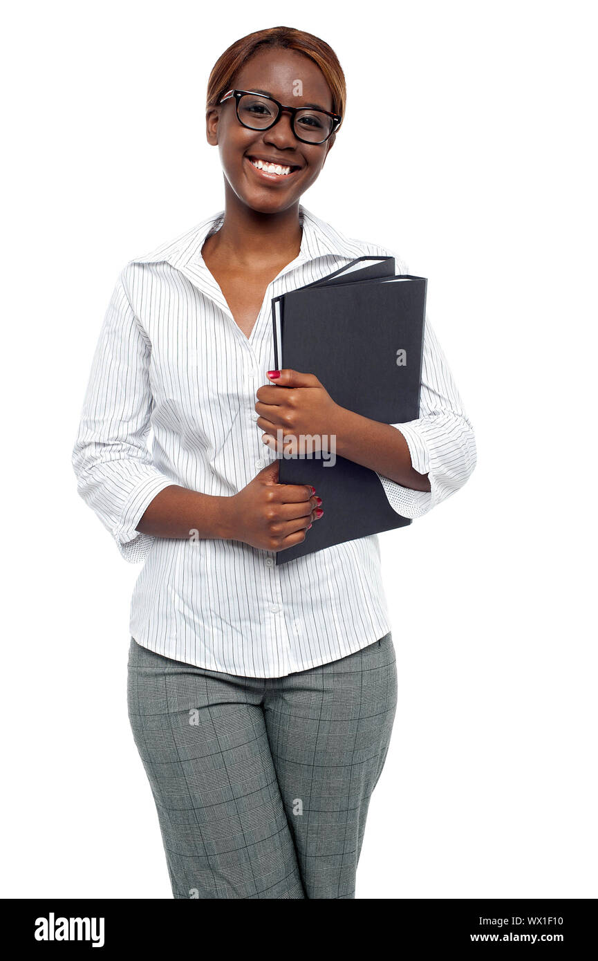 Female representative posing with file folder isolated against white ...