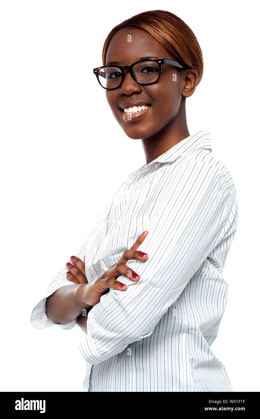 Side view of confident corporate lady posing in style with her arms ...