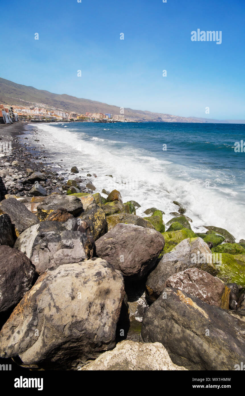 Black sandy beach in famous Candelaria town in Tenerife Stock Photo - Alamy