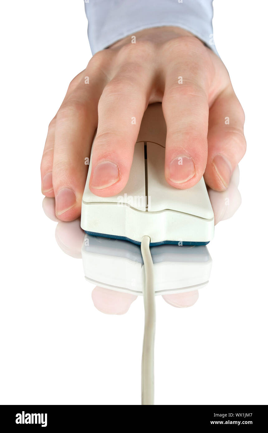 White computer mouse and hand on white Stock Photo - Alamy