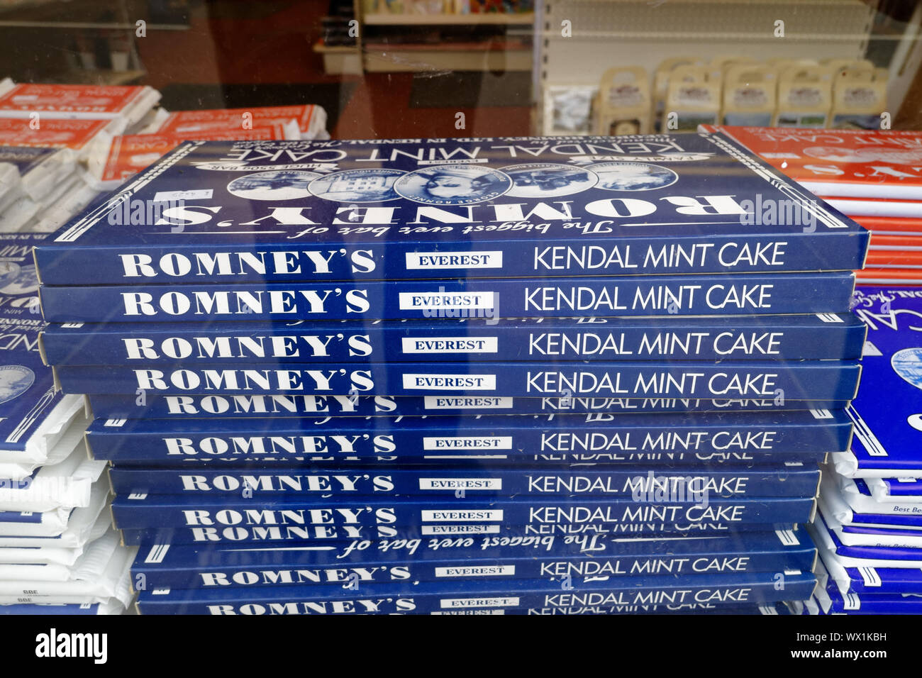 Kendal Mint Cake in a shop window in Keswick, Lake District Stock Photo ...