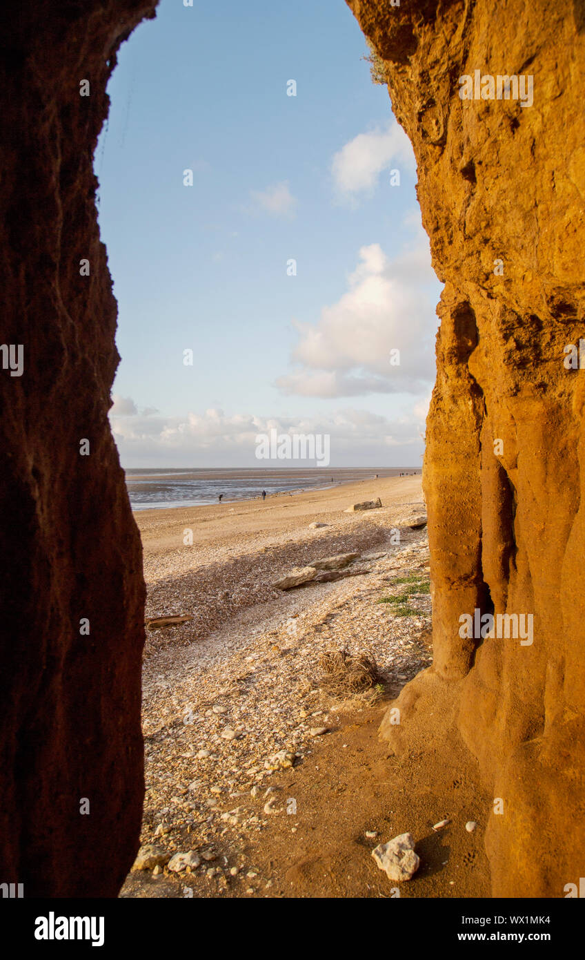 Hunstanton, Norfolk, England, Coastal caves are formed in the cliffs ...
