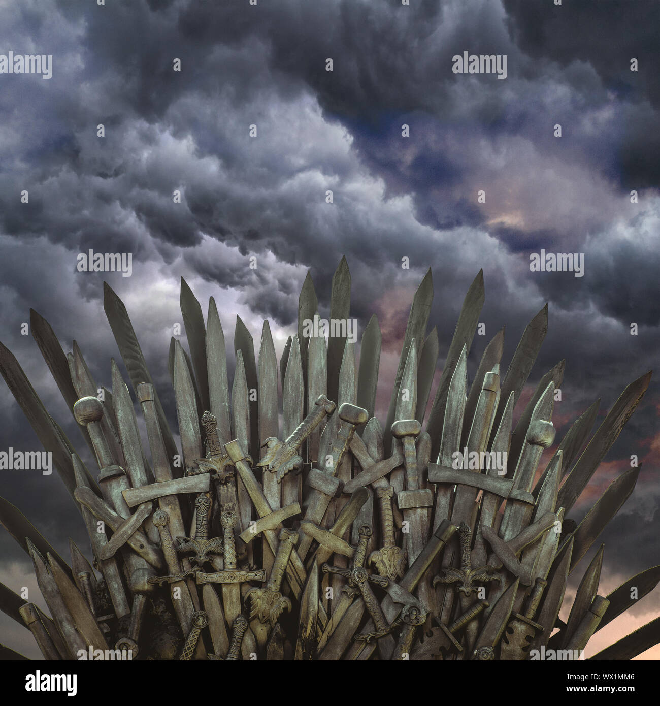 Fantasy, royal throne made of iron swords, seat of the king, symbol of ...