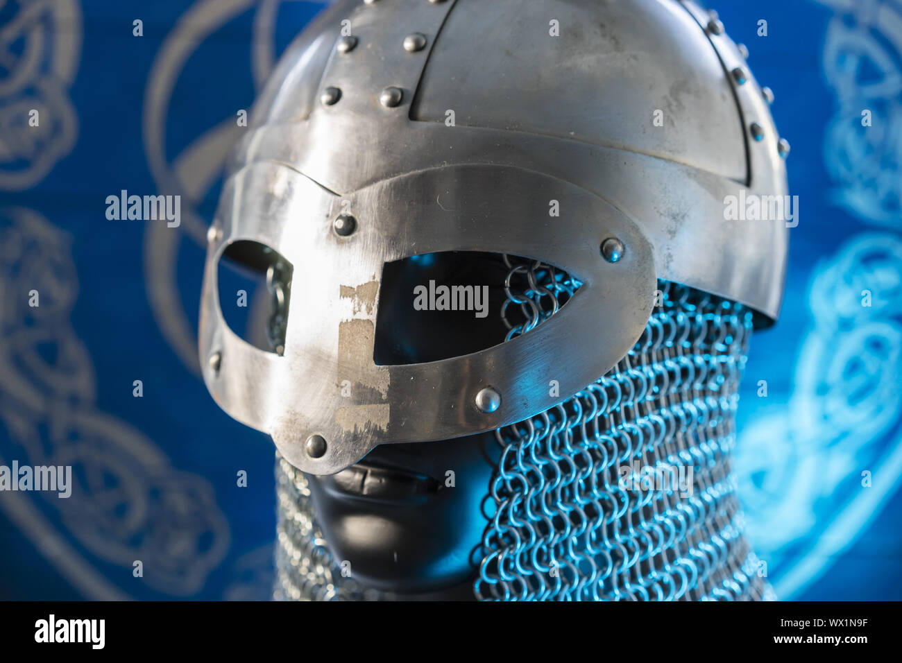 berserker, helmet of viking warrior with mail on coat of arms with ...