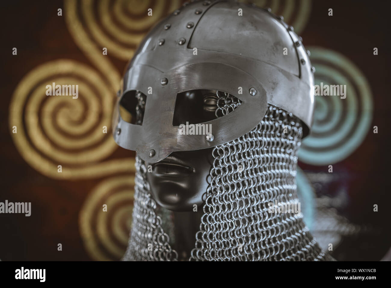 berserker, helmet of viking warrior with mail on coat of arms with ...
