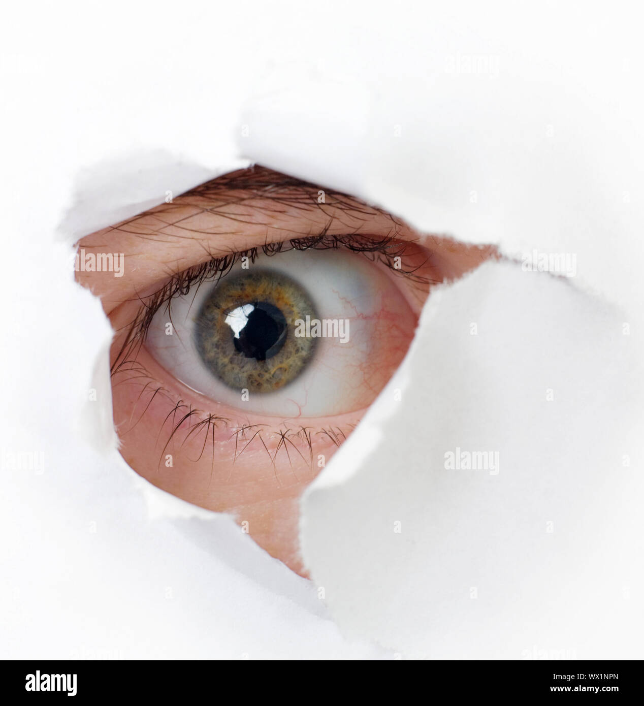 The eye looking through a hole in a paper Stock Photo - Alamy