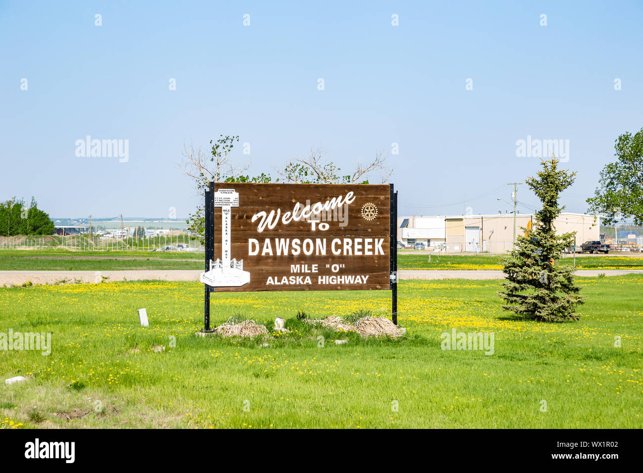 Alaska Highway sign, Mile 0 in Dawson Creek, British Columbia Stock ...