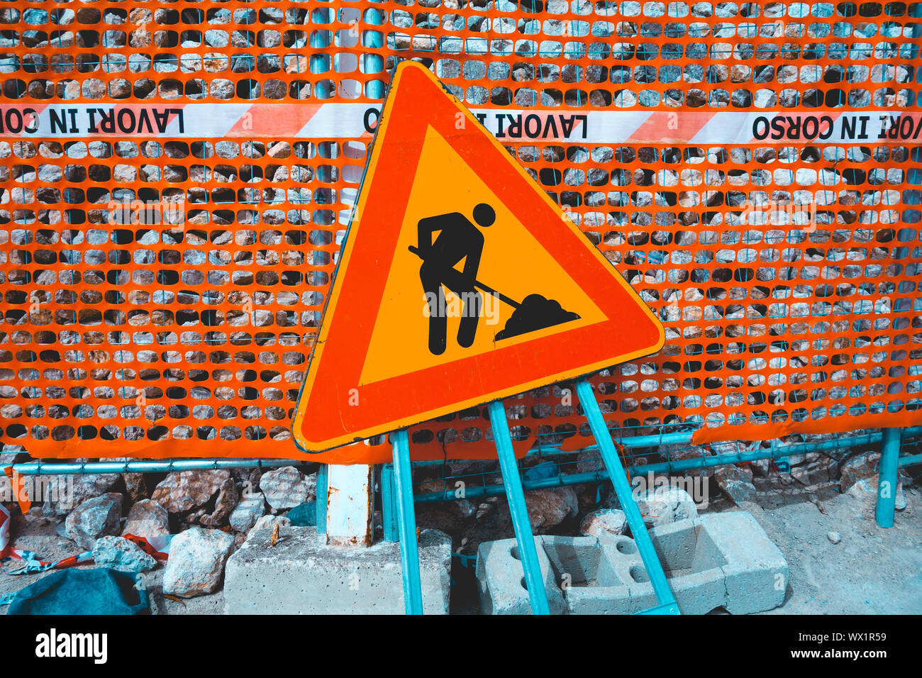 building site sign with some stones in the background Stock Photo - Alamy