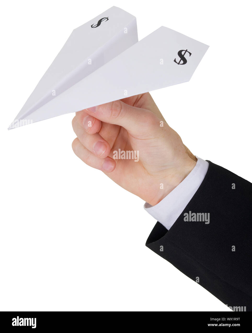 Plane built from paper with sign of the dollar on wing in hand Stock ...
