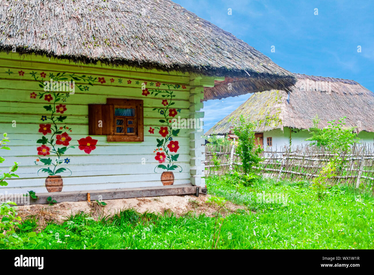 Wooden house with patterns on the walls Stock Photo - Alamy