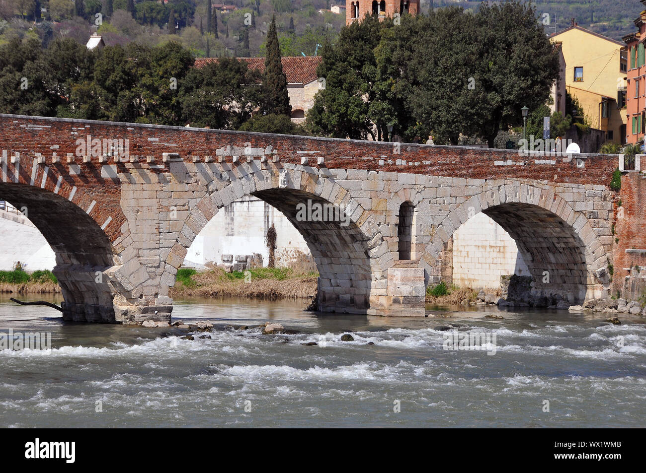 Ponte Pietra (Stone Bridge), It is the oldest bridge in Verona. Italy ...