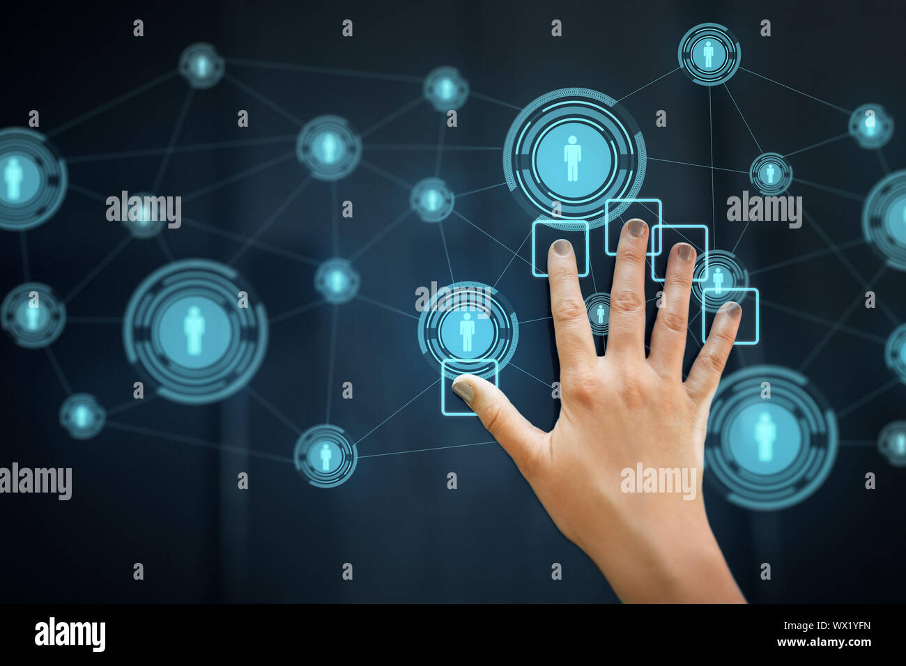 hand using interactive panel with network icons Stock Photo - Alamy