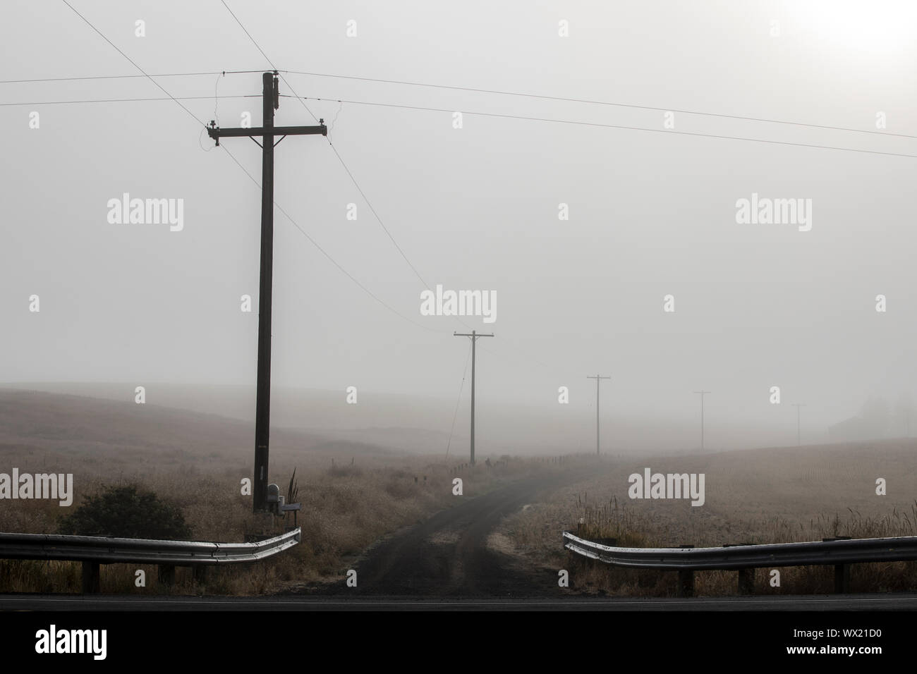 A photo of an early morning filled with fog at a country road in ...
