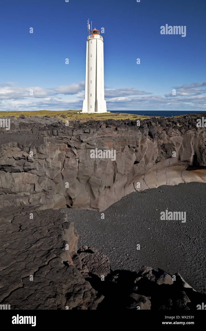 Coastal landscape with the lighthouse of Malarrif, Snæfellsjökull ...